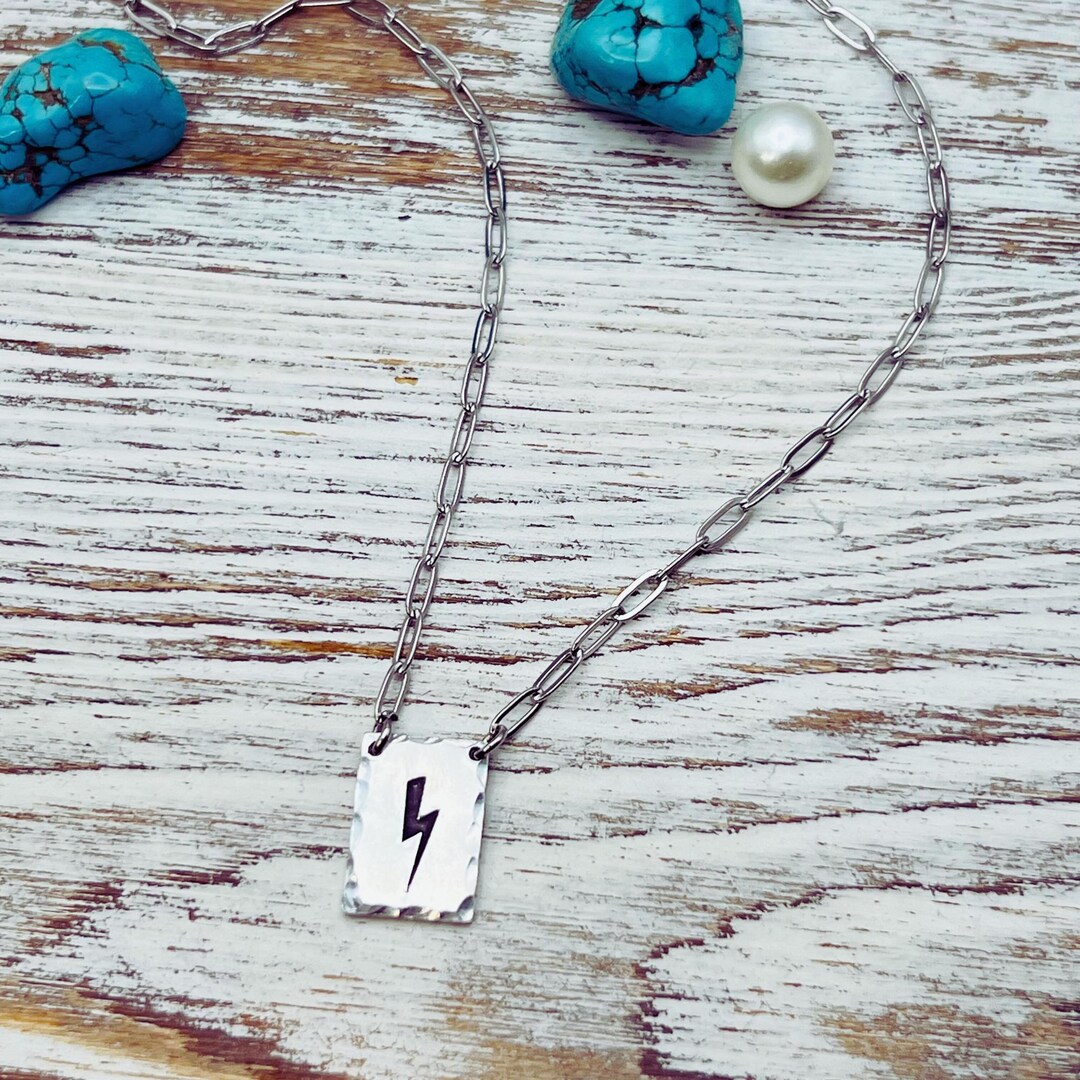 Lightning Bolt Necklace: Hand Stamped Rectangle Pendant, Paperclip ...