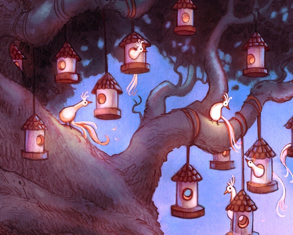 Firebird Tree Fantasy Art Print, Enchanted Forest, Watercolor, Wall Art ...