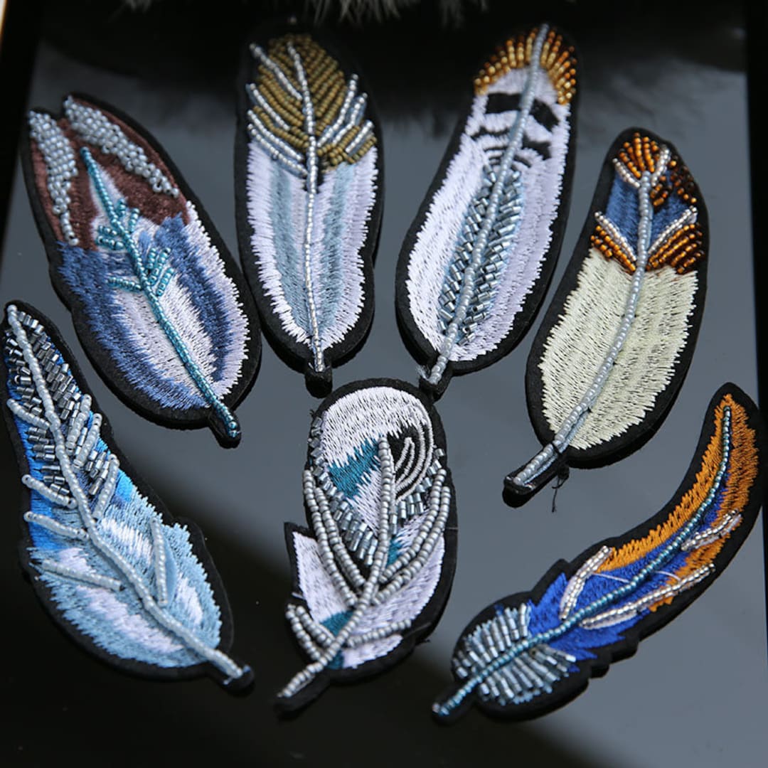 Fabric Embroidery Beaded Feather Applique Cloth Patch DIY Garment ...