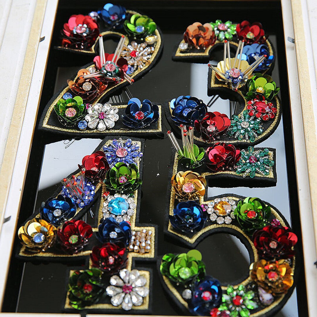 Crystal Glitter Beaded Flower Numbers Applique Arabic Numerals Cloth ...