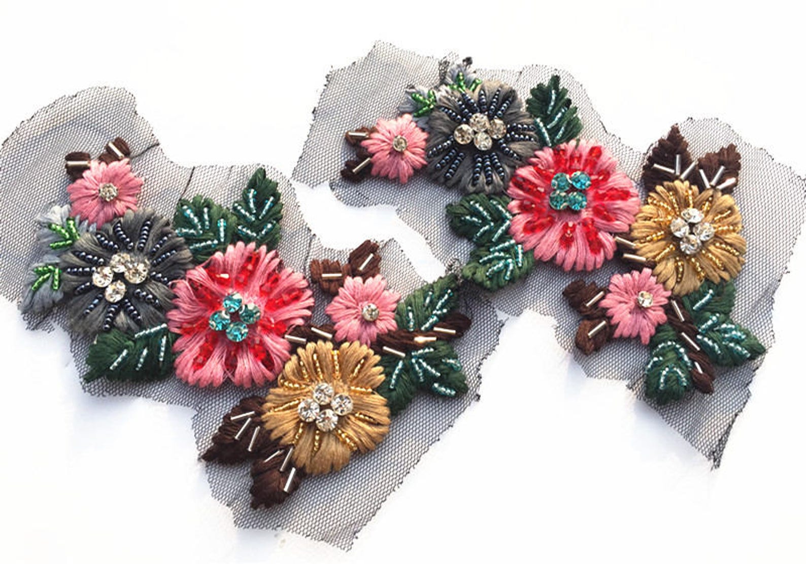 Pair of Fabric Beaded Flower Branches Applique Cloth Patch DIY | Etsy