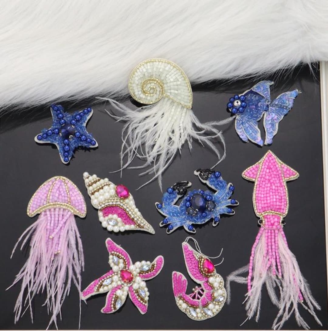 Crystal Beaded Jellyfish Appliques Shell Crab Shrimp Sew on Cloth Patch ...