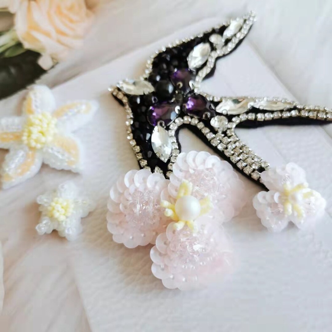 Crystal Sequins Beaded Swallow Bird Flower Applique Cloth Patch DIY ...