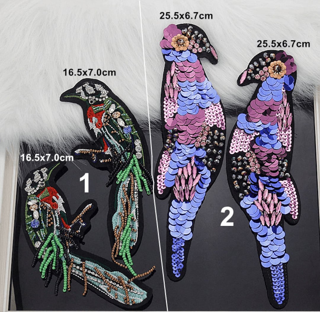 One Pair of Sequins Beaded Fabric Embroidery Parrot Bird Applique Birds ...