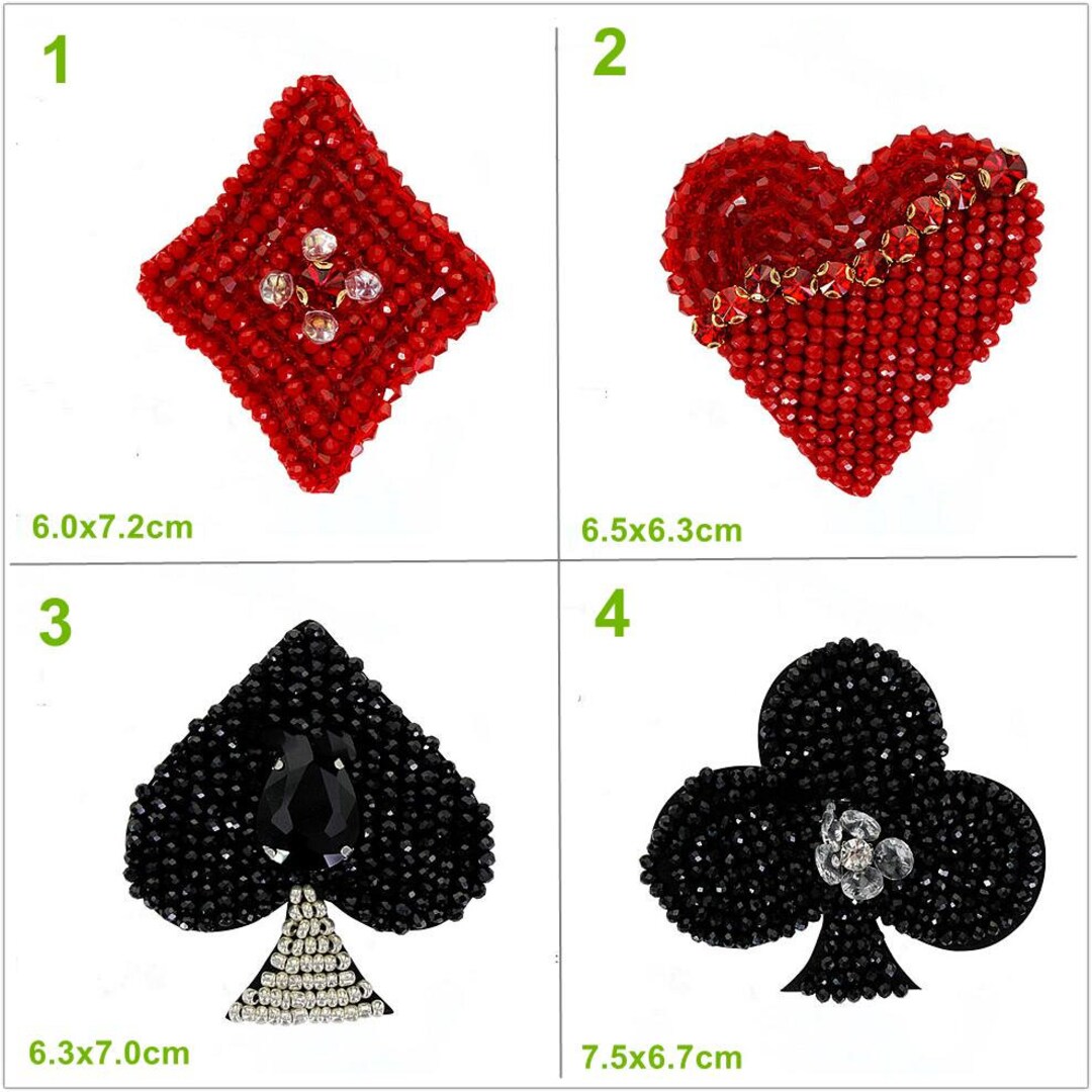 Crystal Beaded Red Heart Black Poker Card Badge Applique Cloth Patch ...