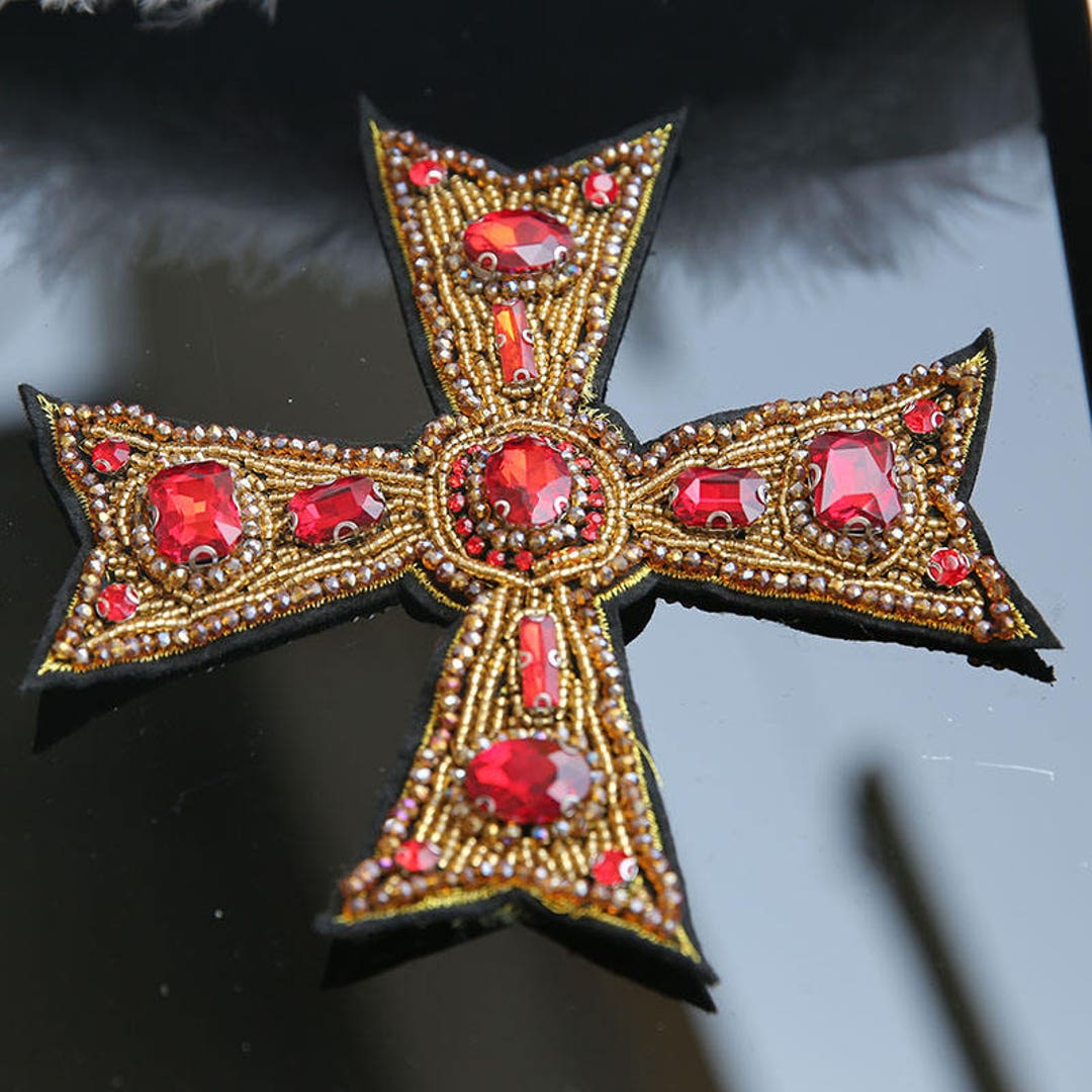 16x16.5cm Crystal Glitter Beaded Gold Red Cross Applique Cloth DIY Punk ...