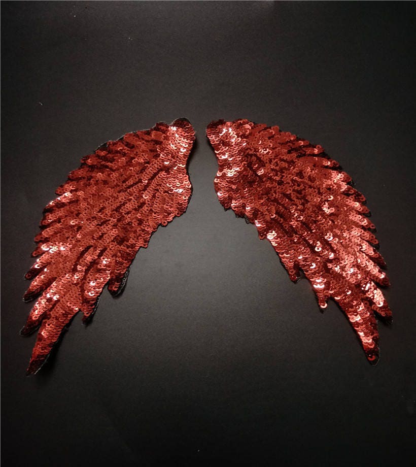 Pair of 7.5x15cm Glitter Black Gold Red Angel Wing Applique Cloth Patch ...