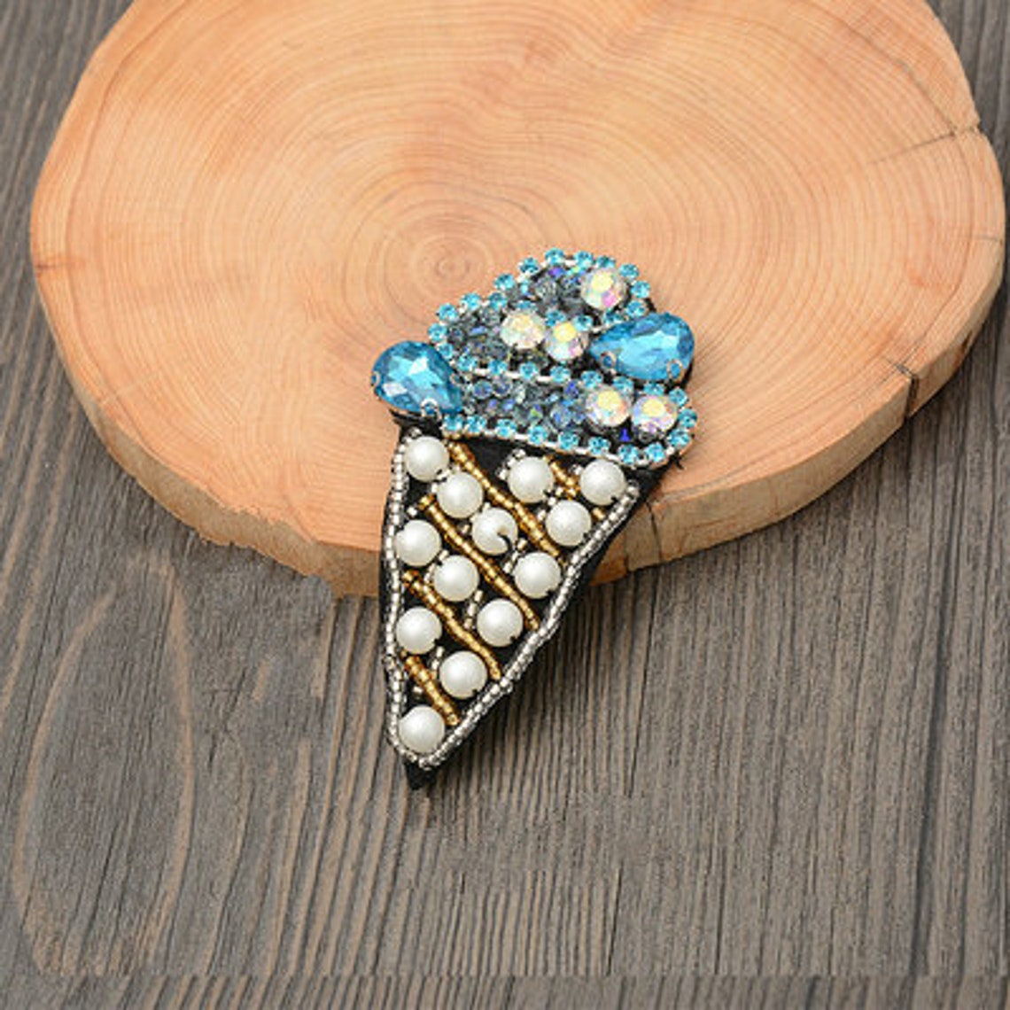 Crystal Beaded Ice Cream Heart Flower Applique Cloth Patch DIY Badge ...