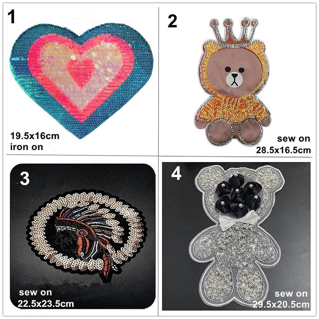 Glitter Sequins Beaded Heart Bear Chips Indian Applique Cloth Patch DIY ...