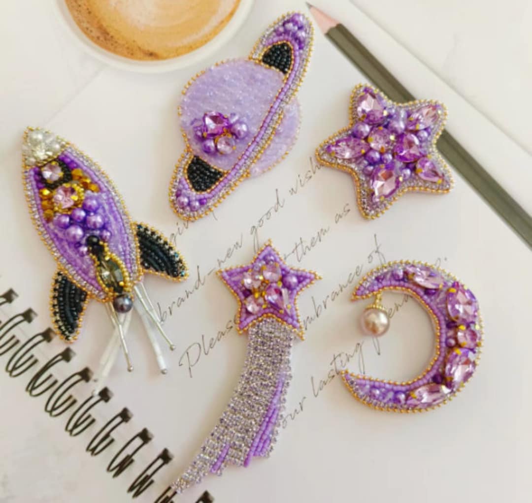 Crystal Sequins Beaded Star Moon Planet Rocket Applique Cloth DIY Badge ...