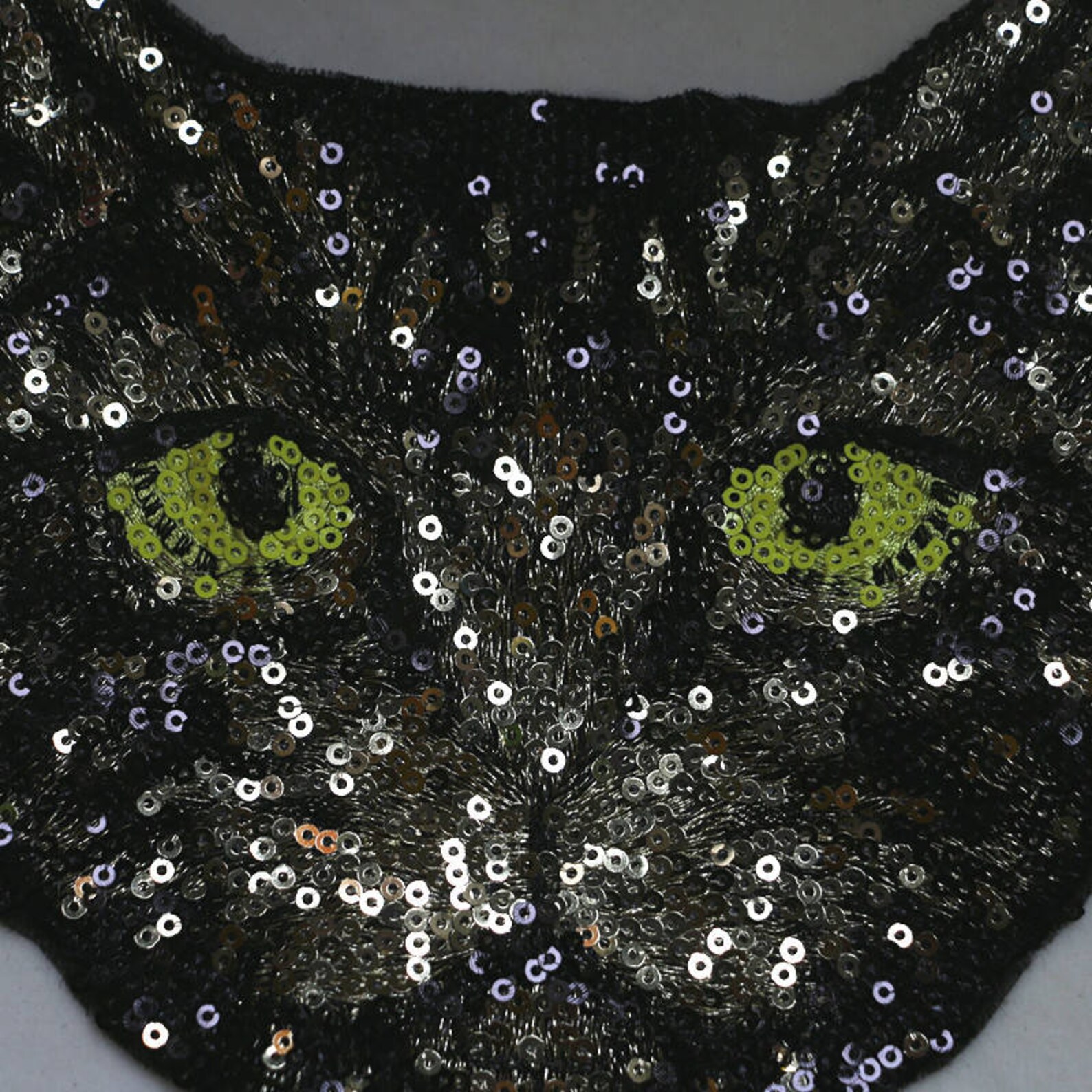 17.2x16.8cm Fabric Sequins Beaded Cat Applique Green Eye Red Eyes Blue ...