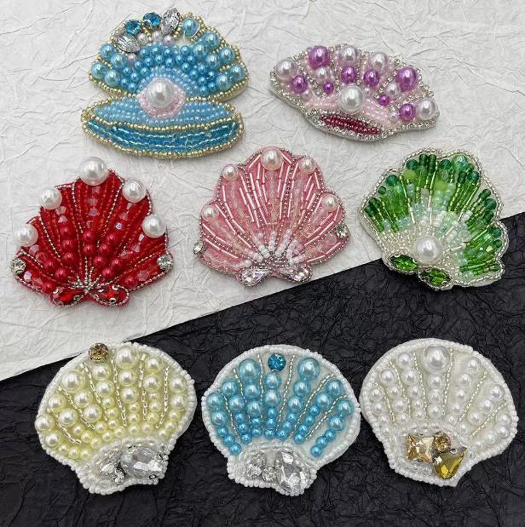 Crystal Beaded Shell Applique Sea Shells Pearl Beaded Cloth Patch DIY ...