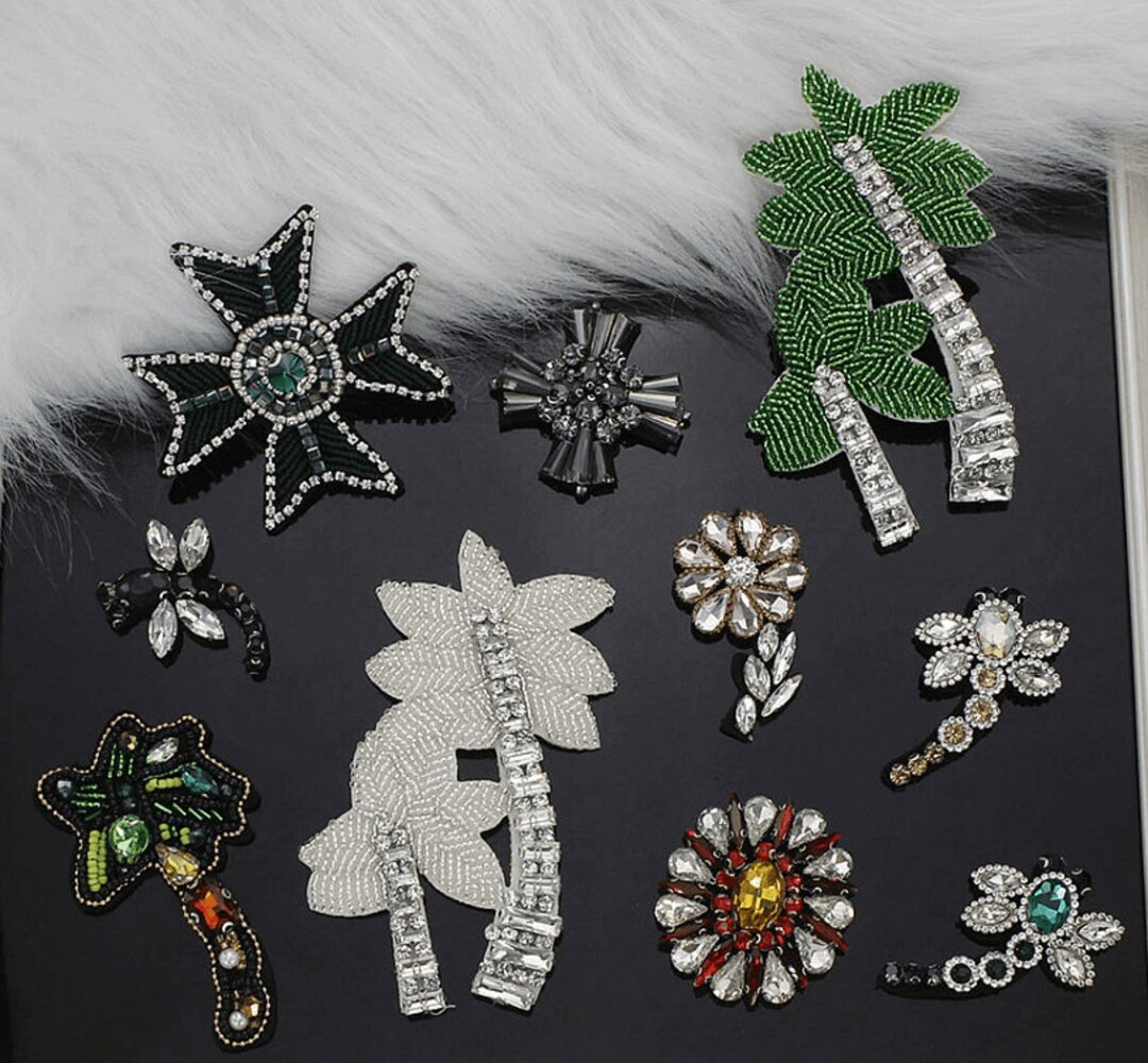 Crystal Beaded Palm Tree Applique Flower Dragonfly Cloth Patch DIY ...