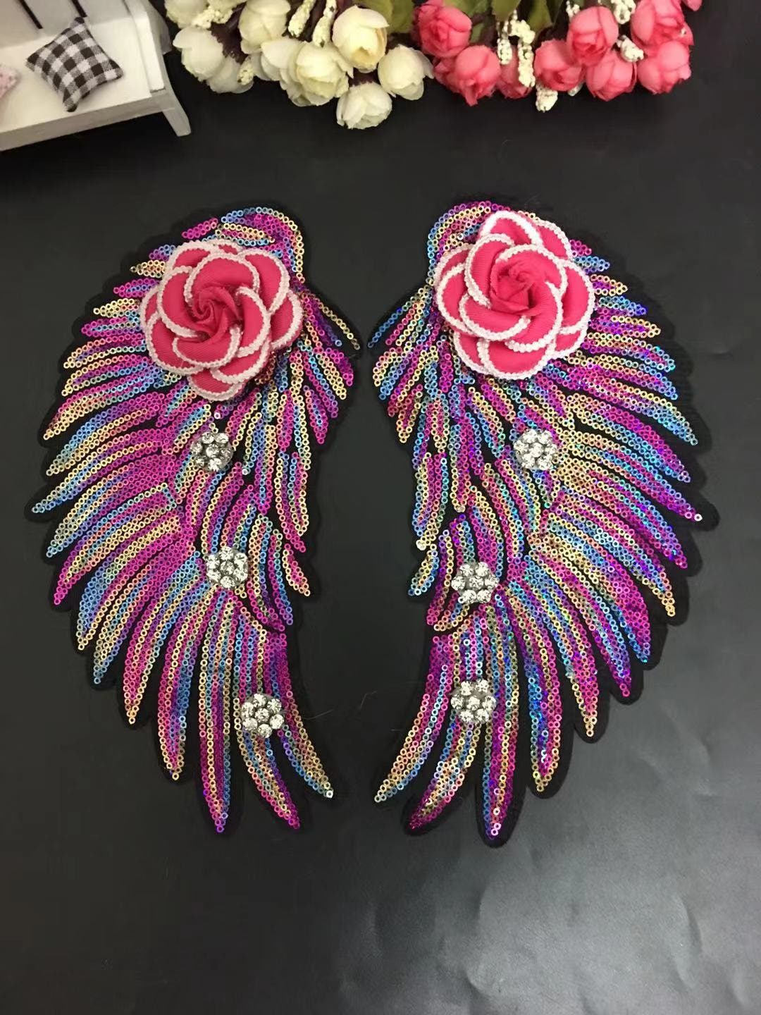 Pair of Fabric Beaded Angel Devil Wing Rose Flower Applique - Etsy