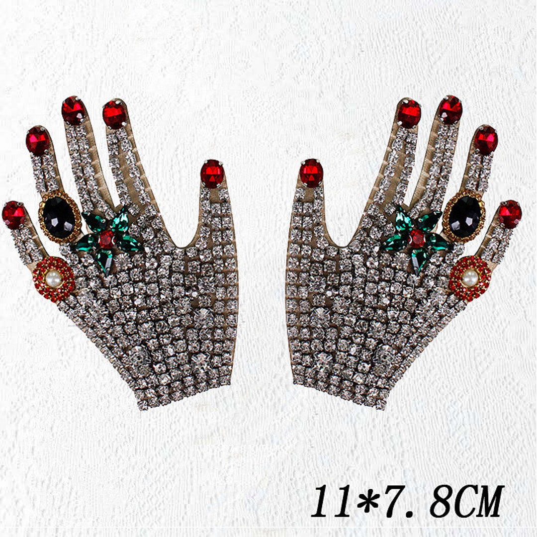 11x7.8cm Crystal Glitter Beaded Lady Hand Applique Flower Ring Red Nail ...