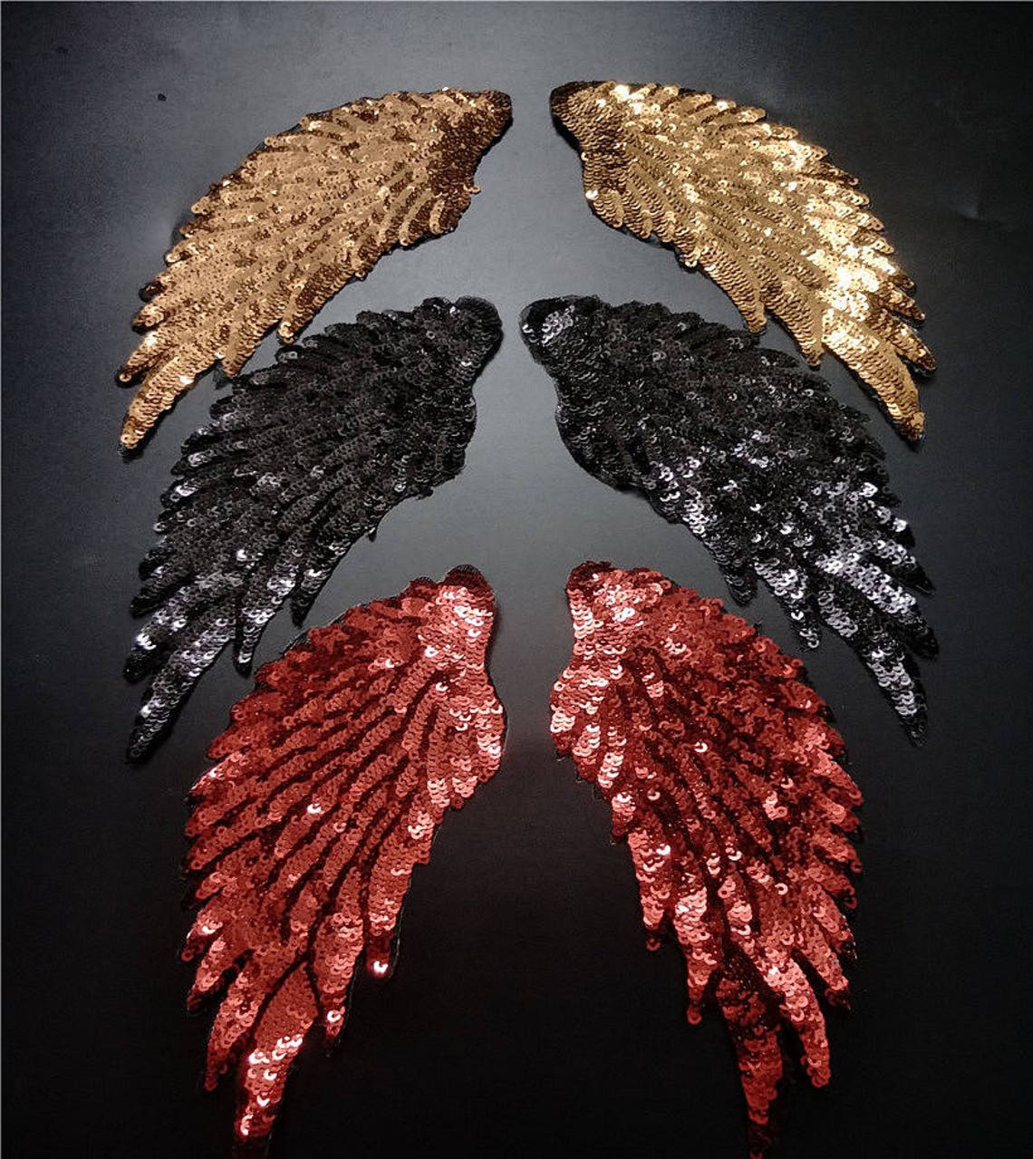 Pair of 7.5x15cm Glitter Black Gold Red Angel Wing Applique Cloth Patch ...