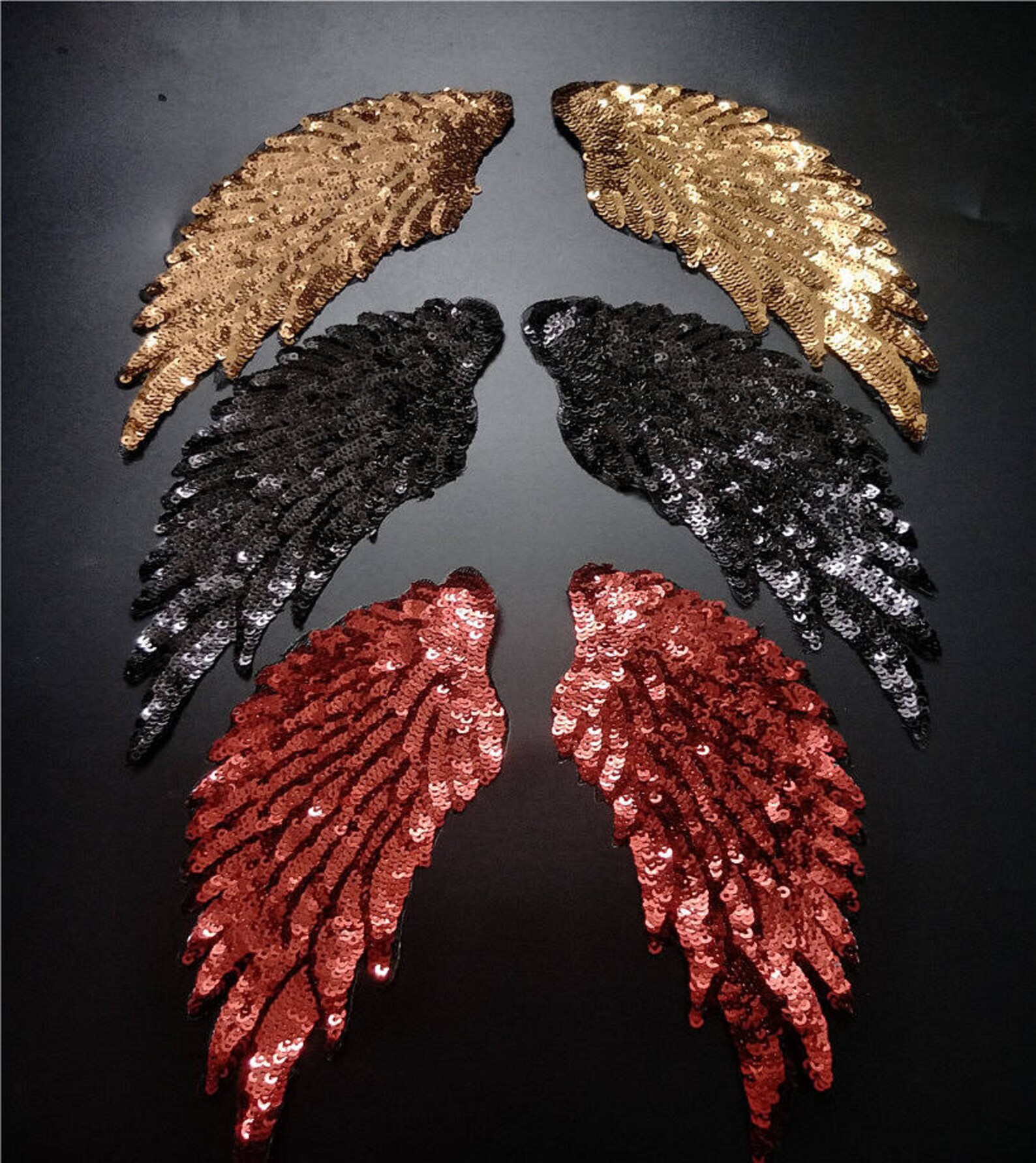 Pair of 7.5x15cm Glitter Black Gold Red Angel Wing Applique Cloth Patch ...