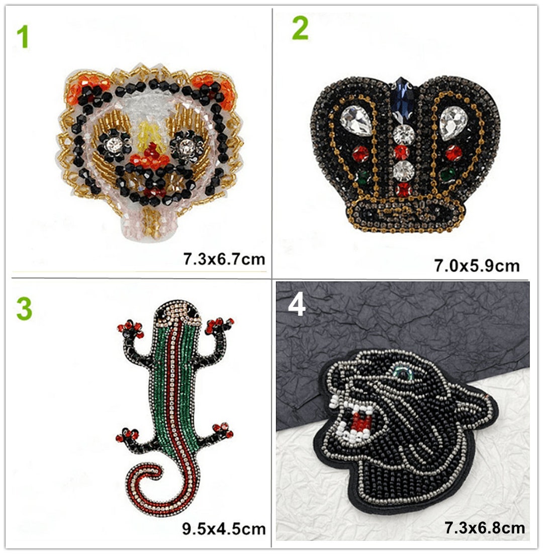 Crystal Beaded Crown Leopard Skull Lizard Applique Cloth Patch Sew on ...
