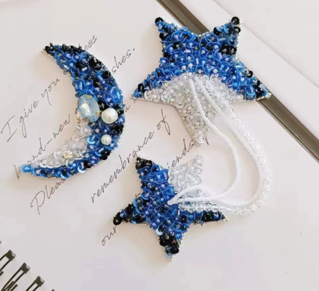 Crystal Beaded Blue Star Moon Appliques Sew on Cloth Patch DIY Garment ...
