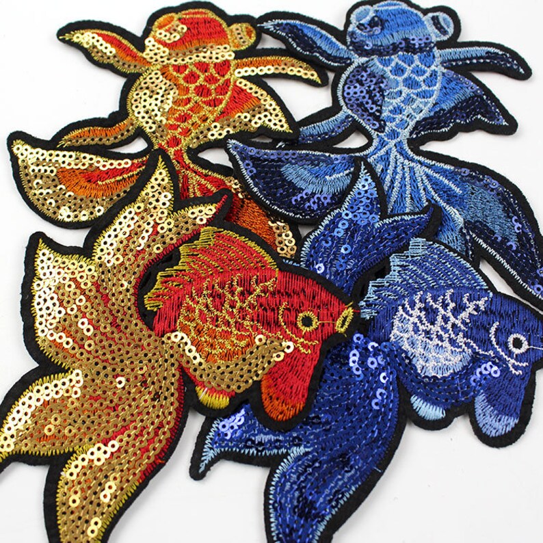 Sequins Beaded Fish Applique Blue Orange Red Goldfish Cloth | Etsy