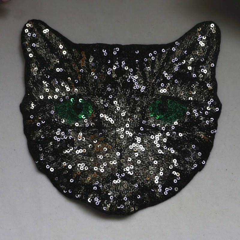 17.2x16.8cm Fabric Sequins Beaded Cat Applique Green Eye Red Eyes Blue ...