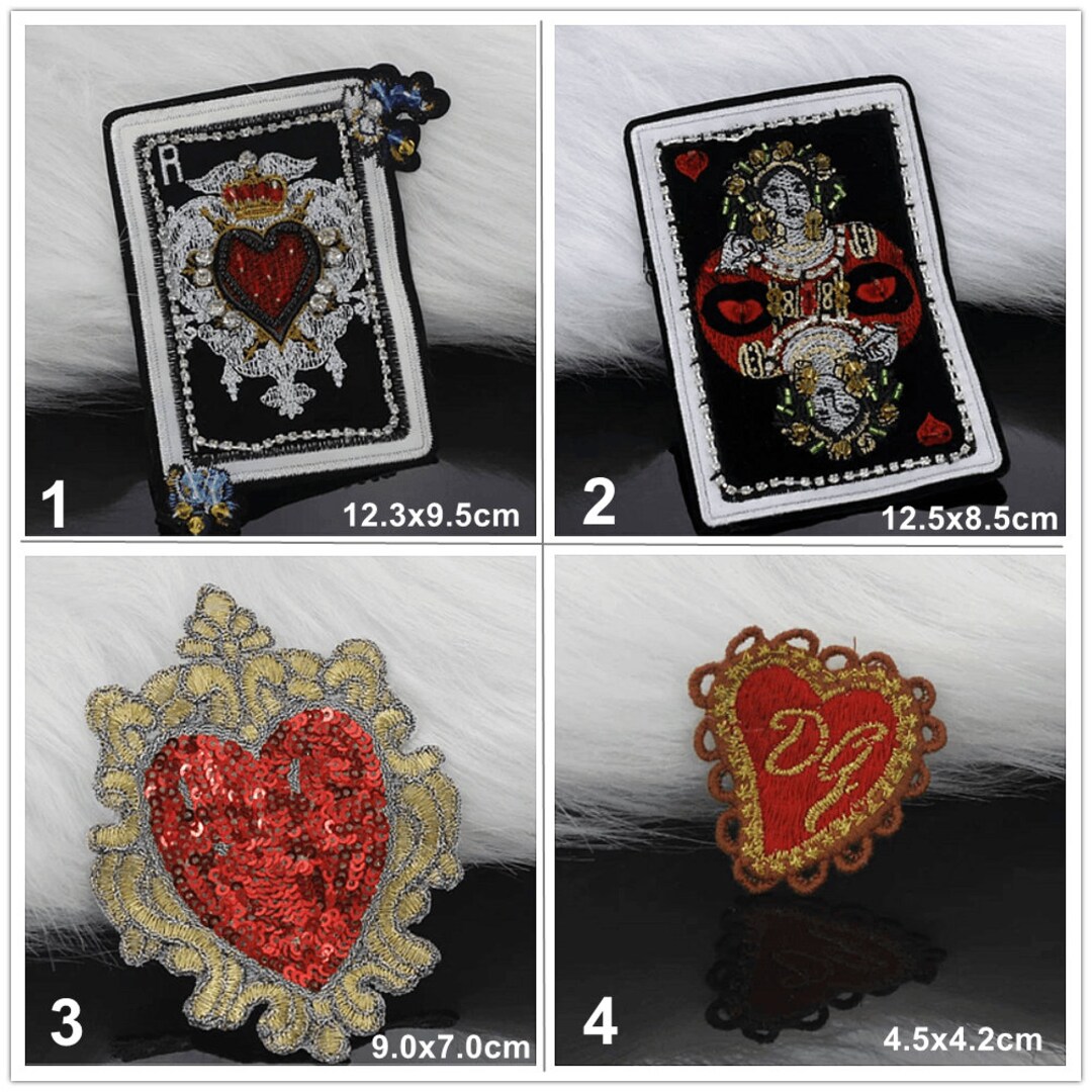 Beaded Playing Cards Poker Badge Love Heart Applique Cloth Patch DIY ...