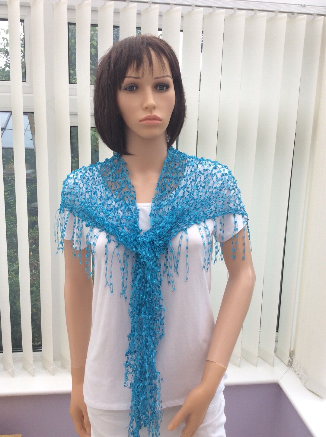 Turquoise shawl, very light shawl, wrap for a wedding, fringed shawl ...