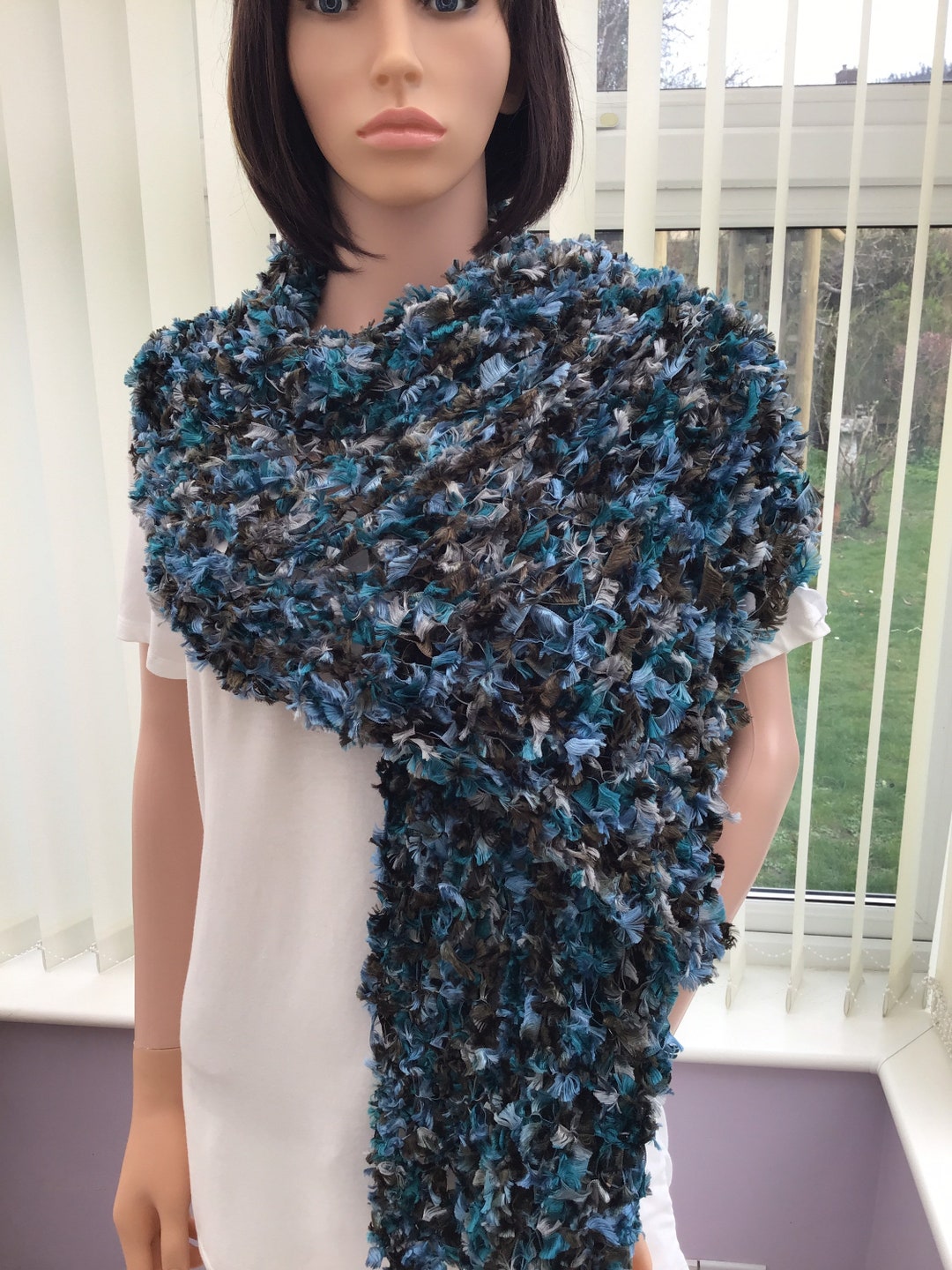 Long Wide Blue Scarf, Blue and Grey Mix, Extra Gentle to Wear, Very ...
