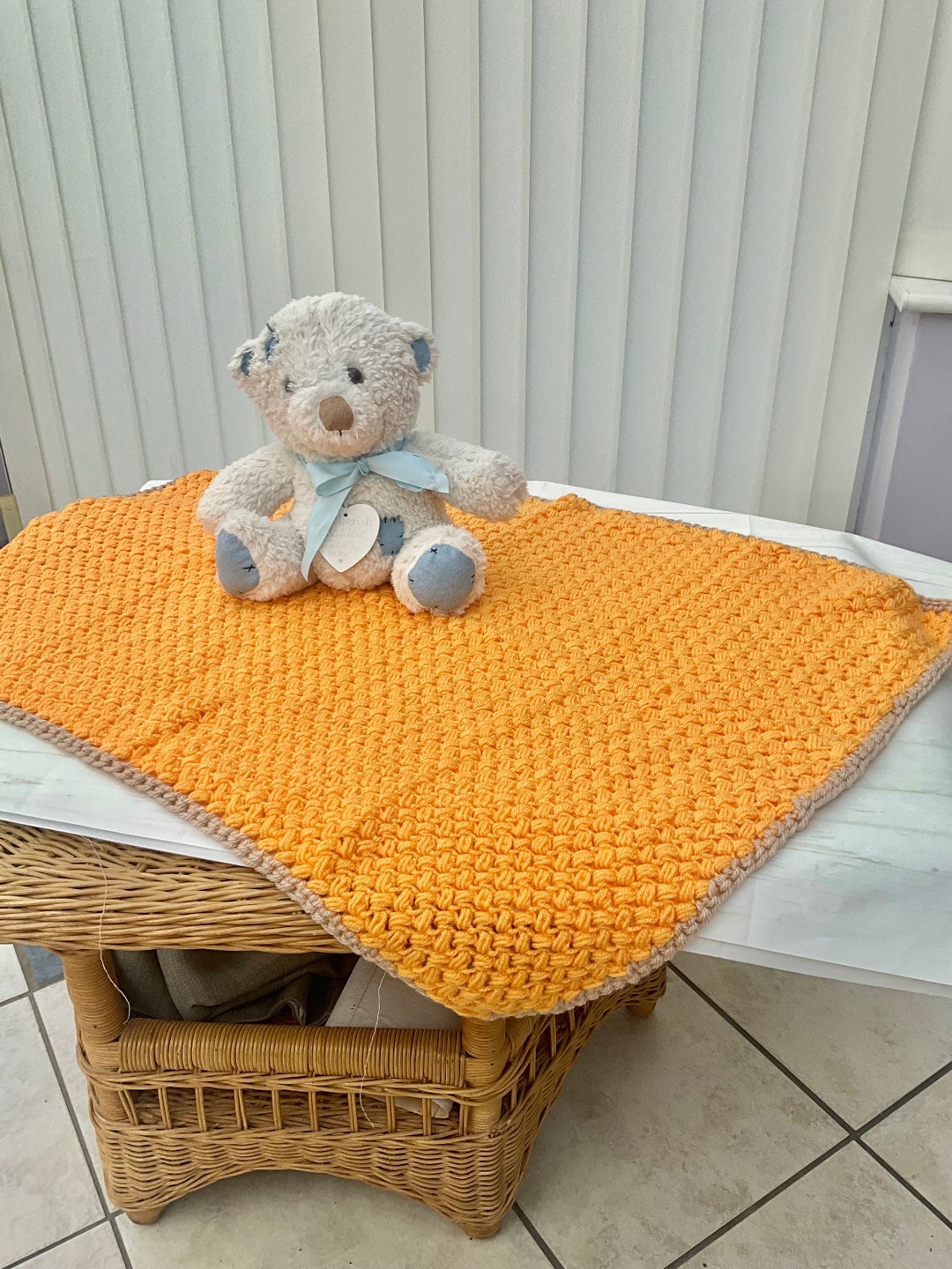 Burnt Orange Baby Blanket, Taupe Trim, Acrylic Knit (27x33 Inch) - Etsy
