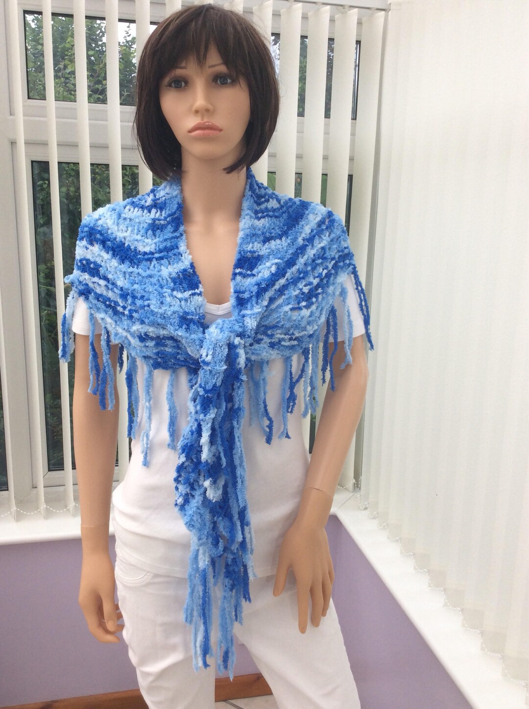 Hand-knitted Blue Shawl: Soft Neck Wrap for Delicate Skin - Etsy
