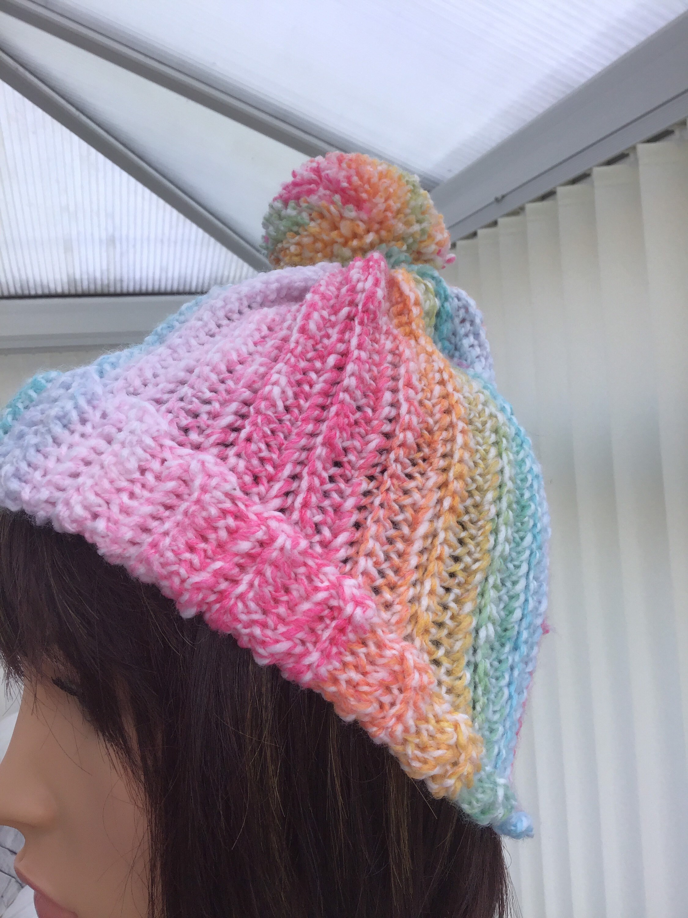 Pretty pastel colour rainbow hat with matching bobble | Etsy