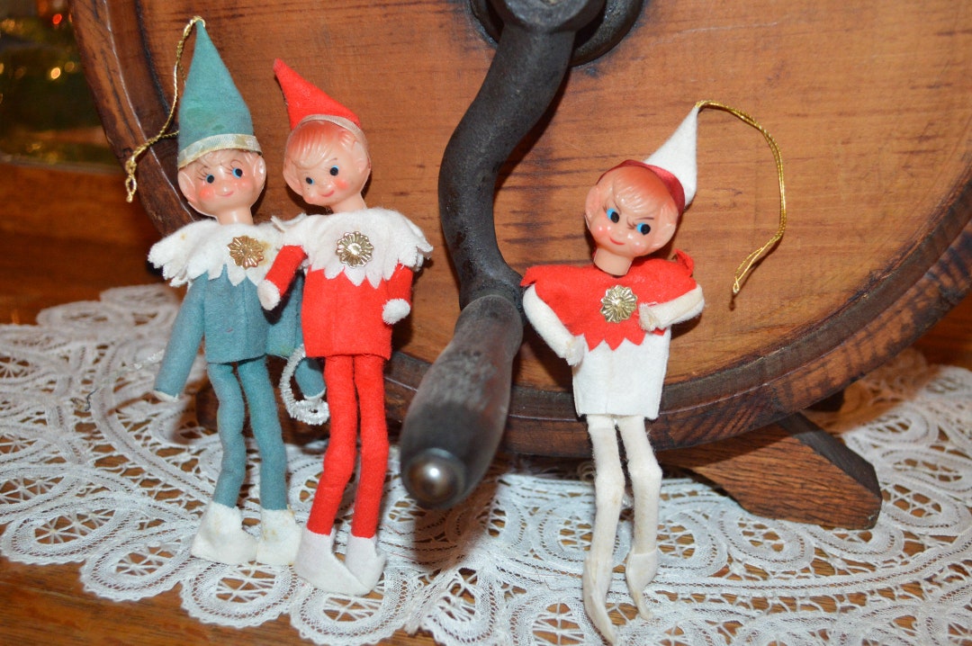 Set of 3 Vintage Knee Hugger-type Elves, Christmas Pixie Ornaments ...