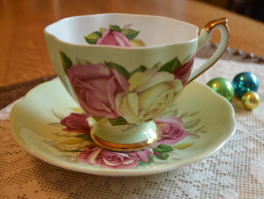 Vintage Queen Anne Tea Cup & Saucer, Big Pink Roses, 1950s, Mint Green ...