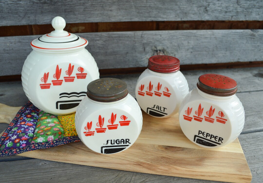 Vintage Hocking Glass Red Flower Pots Range Jars Set, Salt Pepper Sugar ...