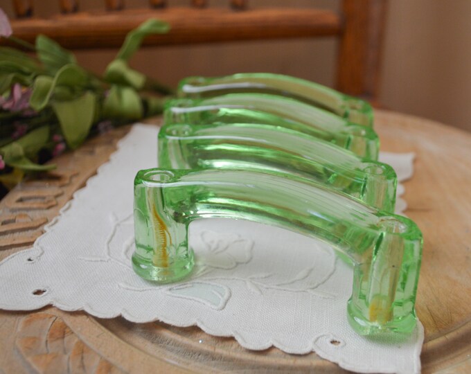 Rare Vintage Glass Drawer Pulls Set Of 4 Green Depression Glass 1920s 1930s Ribbed Door