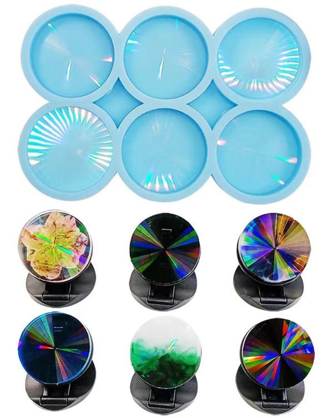 6 ROUND HOLOGRAPHIC Multi-mold - Blue Silicone / D I Y Holo Phone Grips ...