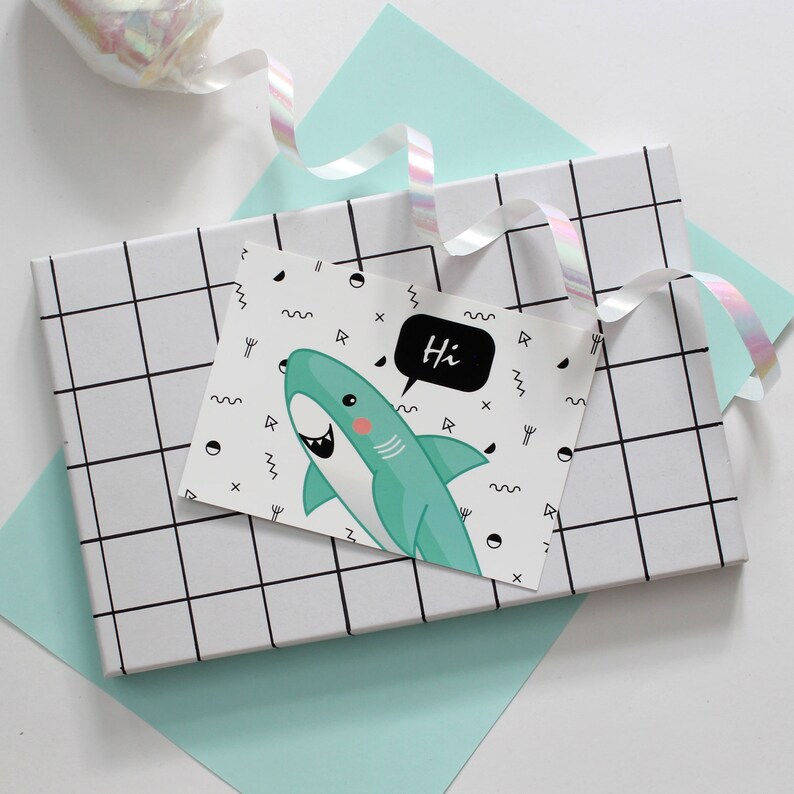 Postcard - Friendly Shark - Hi Hello Ocean White Shark 80s 90s Pattern ...