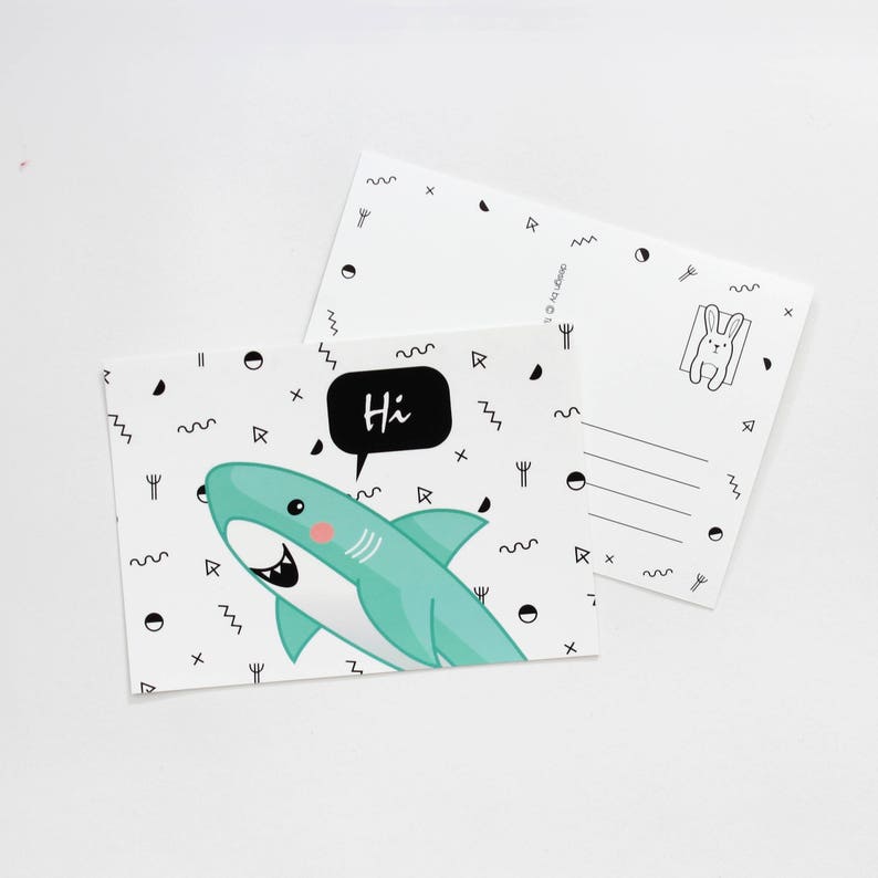 Postcard - Friendly Shark - Hi Hello Ocean White Shark 80s 90s Pattern ...
