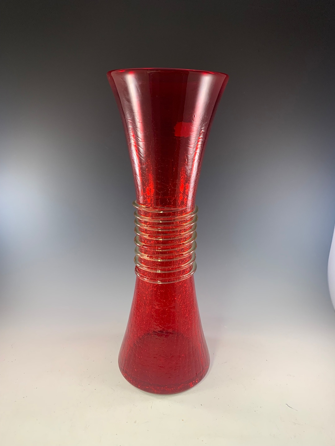 Pilgrim Glass No. 92 Ruby Crackle Glass Floor Vase With Applied Topaz ...