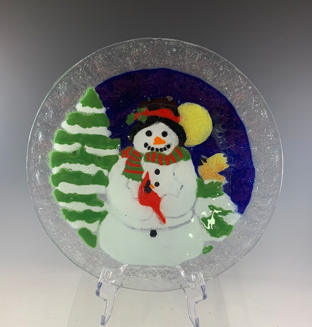 Folio Art Glass Snowman With Cardinal Plate - Etsy