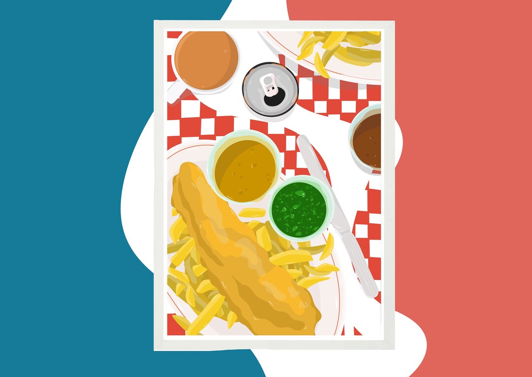 British Chippy Fish Chips Art Print Illustration Food Artwork Colourful ...