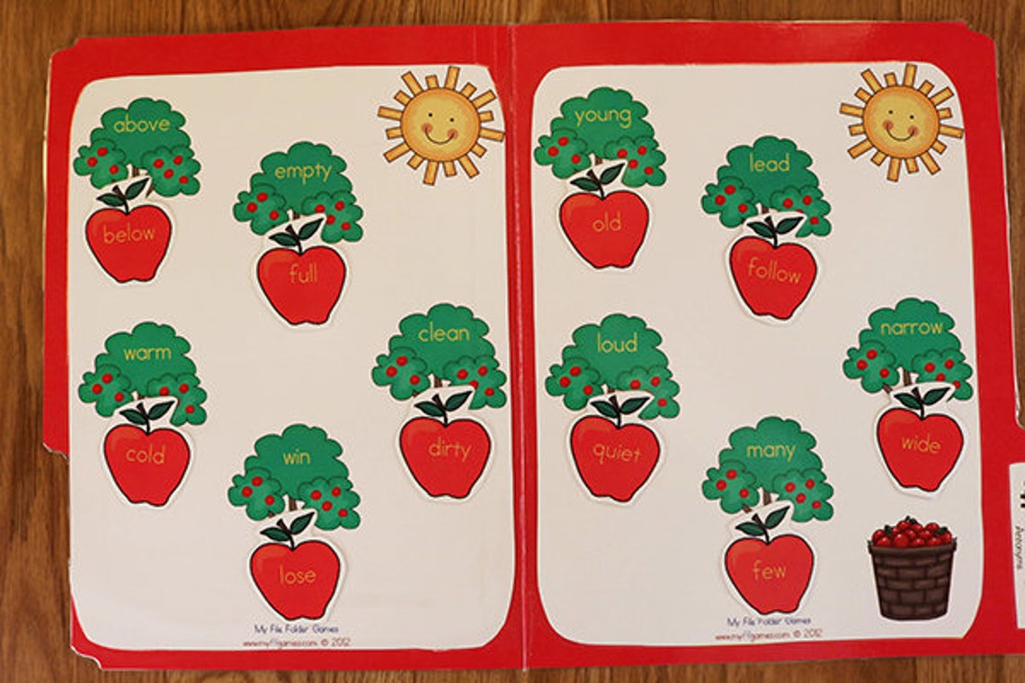 Antonyms - Apple Antonyms Opposites - Printable File Folder Game PDF ...