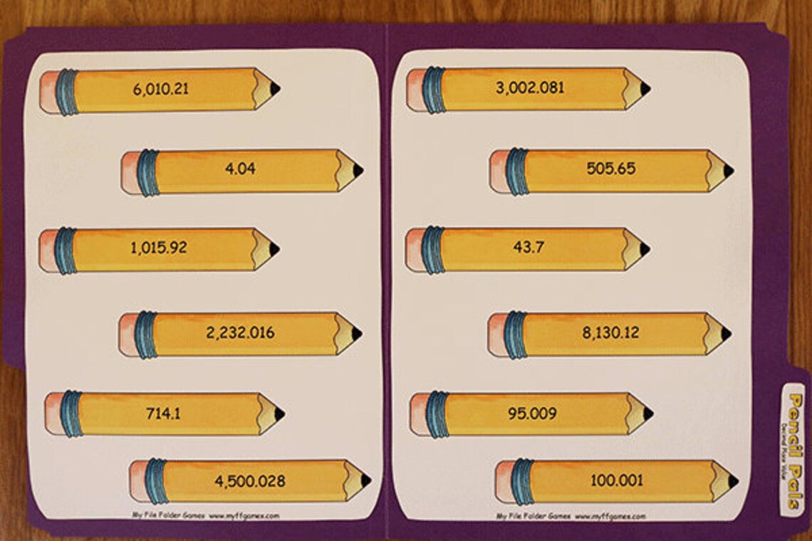 File Folder Game - Pencil Pals - Decimal Place Value - Printable PDF ...