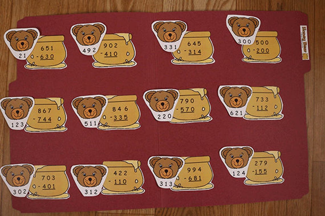 3 Digit Subtraction - Honey Bear - Printable -file Folder Game PDF ...