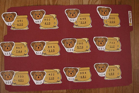 3 Digit Subtraction Honey Bear Printable file Folder Game | Etsy
