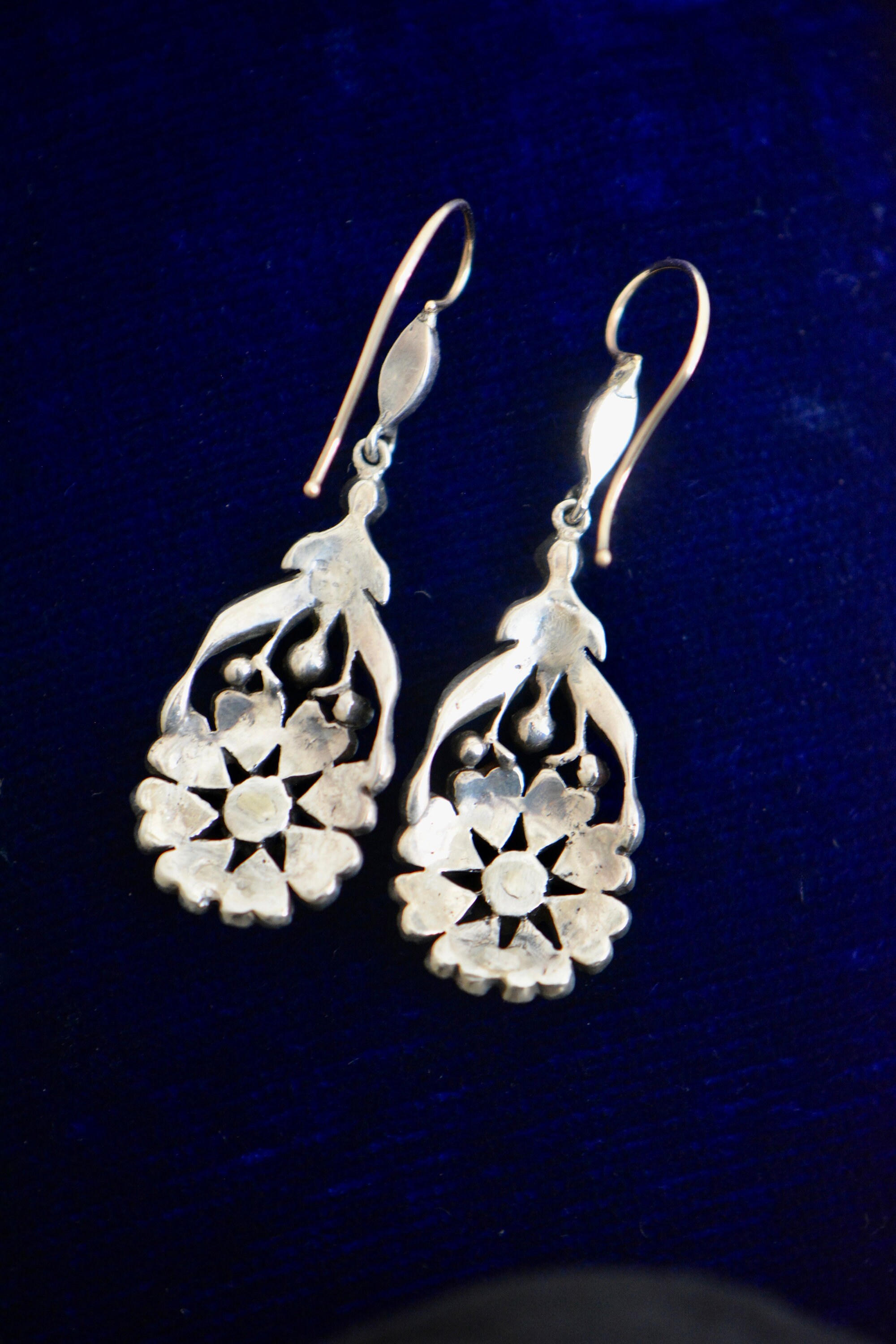 English Victorian Sterling and Paste Dangle Heart Floral Earrings ...