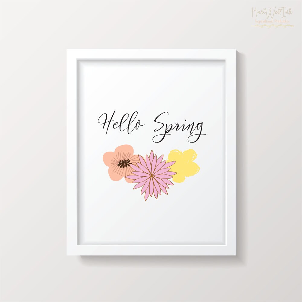 Hello Spring Printable, Floral Wall Art, Home Decor Printable, Instant ...