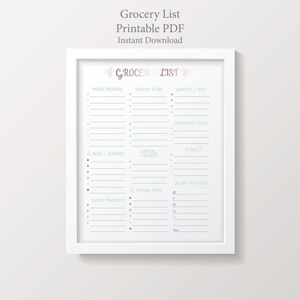 Grocery List - Printable PDF - Instant Download - Shopping List - Meal ...