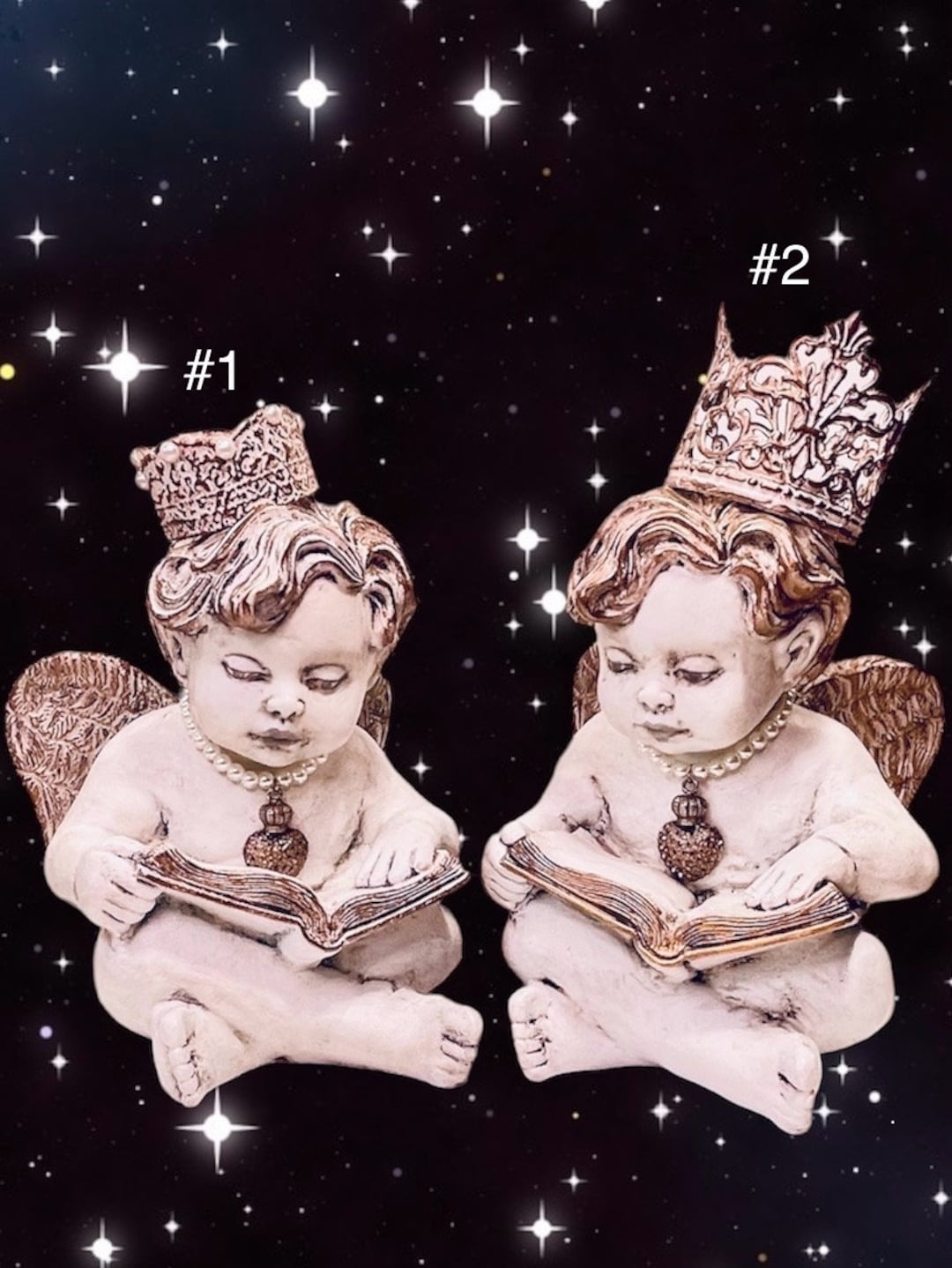 One Vintage Style, Aged, Crowned CHERUB Reading Book Statue With Jewels ...