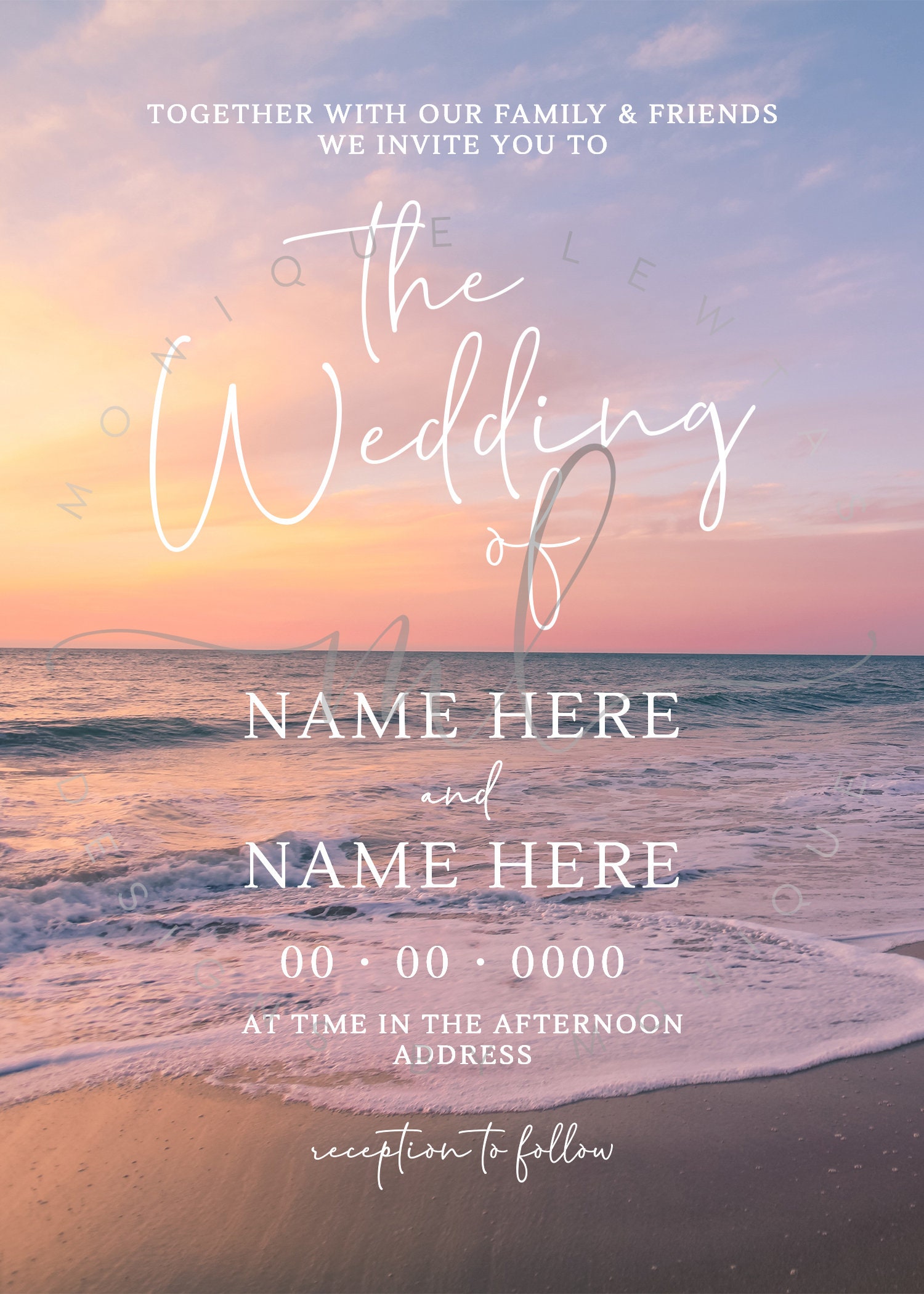 Printable Personalised Beach Sunset Wedding Invitation, Ocean Wedding ...